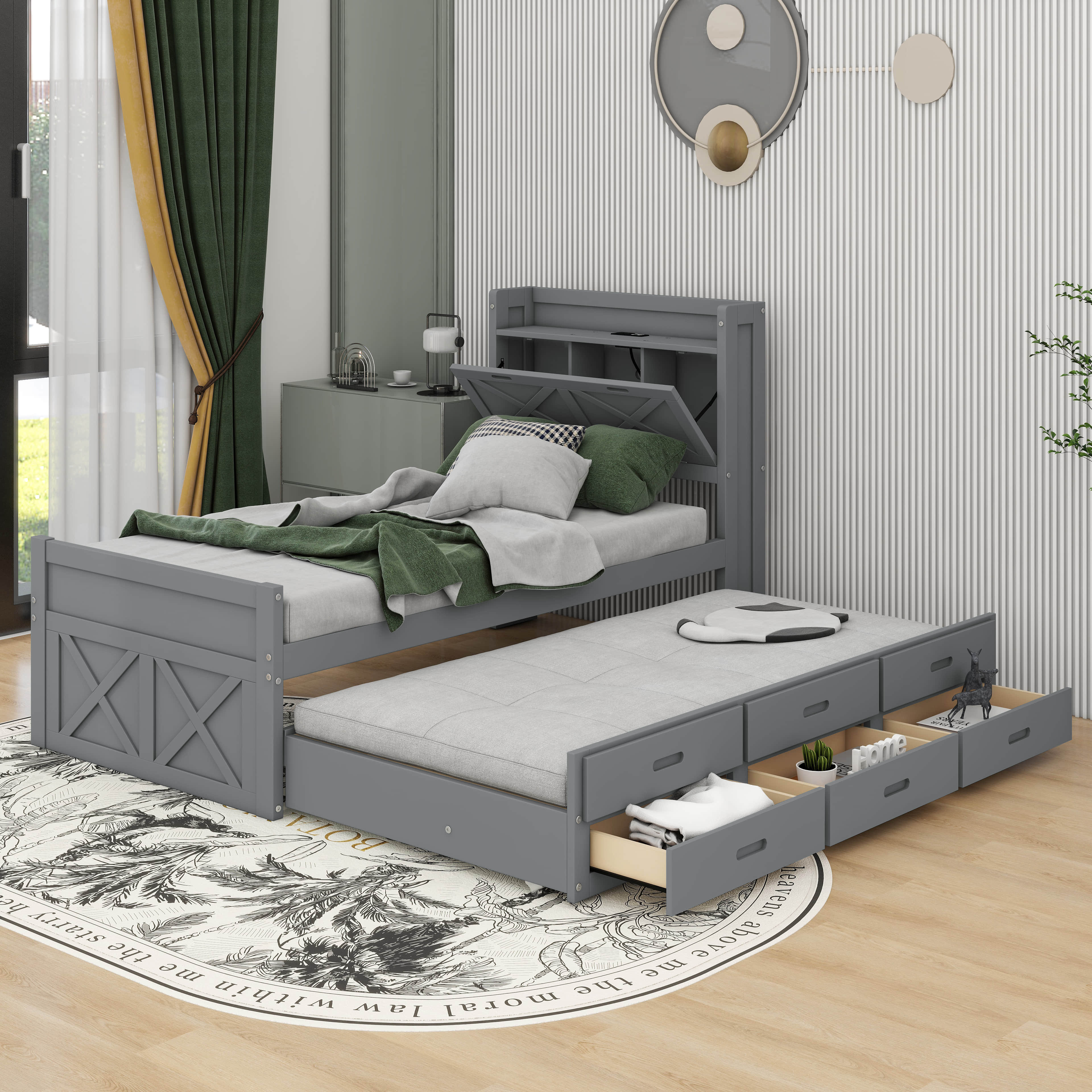 Twin Size Wooden Bed with Storage Headboard with Outlets Extendable Bed with Twin Size Trundle with Three Storage Drawers Gracie Oaks Color Gray
